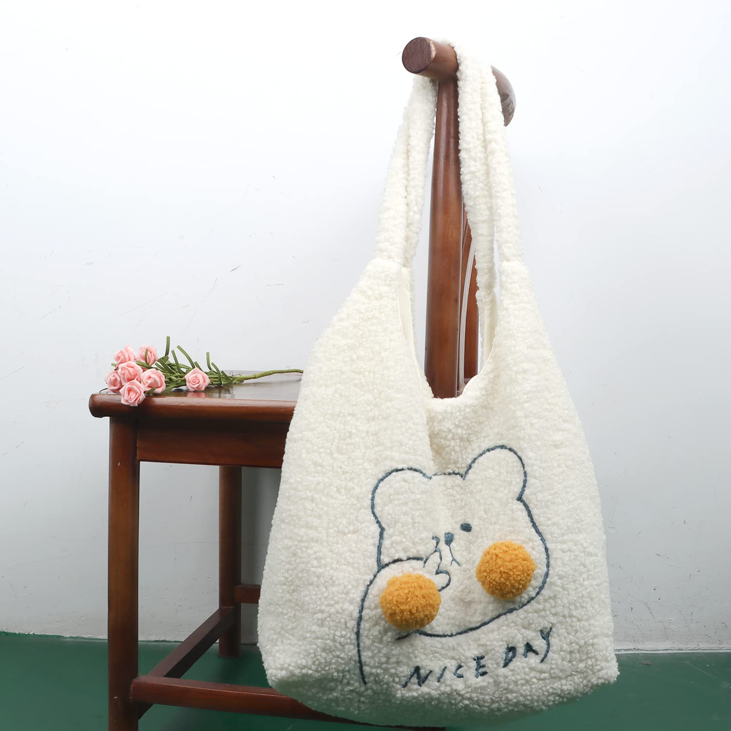 KUANG! Teddy Plush Shoulder Handbag Purse Cute Bear Fluffy Tote Plush Handbag Faux Lambs Wool Large Shopping Bag