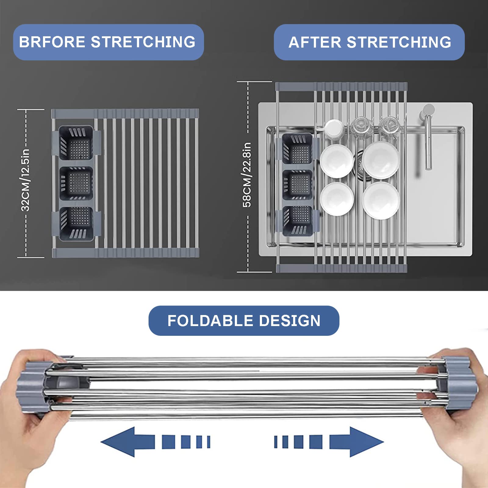 HFEDYZ Roll Up Dish Drying Rack Over The Sink，Collapsible Small Dish Drying Rack，Kitchen Sink Accessories, Expandable Dish Drying Rack with 2 Storage Baskets (Grey)