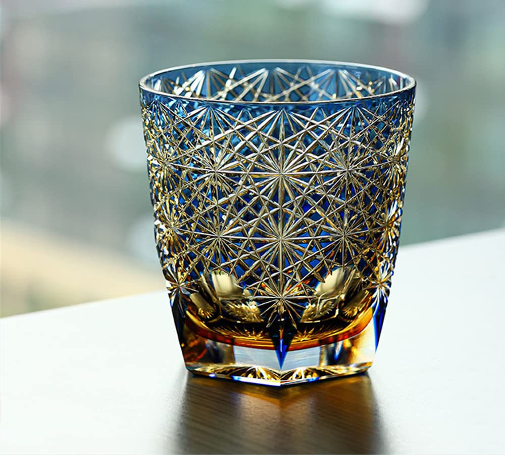 JEMQ Edo Kiriko Color Hand Cut Crystal Glass Tumbler Whisky Gass 9 Oz Glassware with Luxury Gift Box, Suitable for Cocktail Whisky Drink Red Wine Vodka (Blue)
