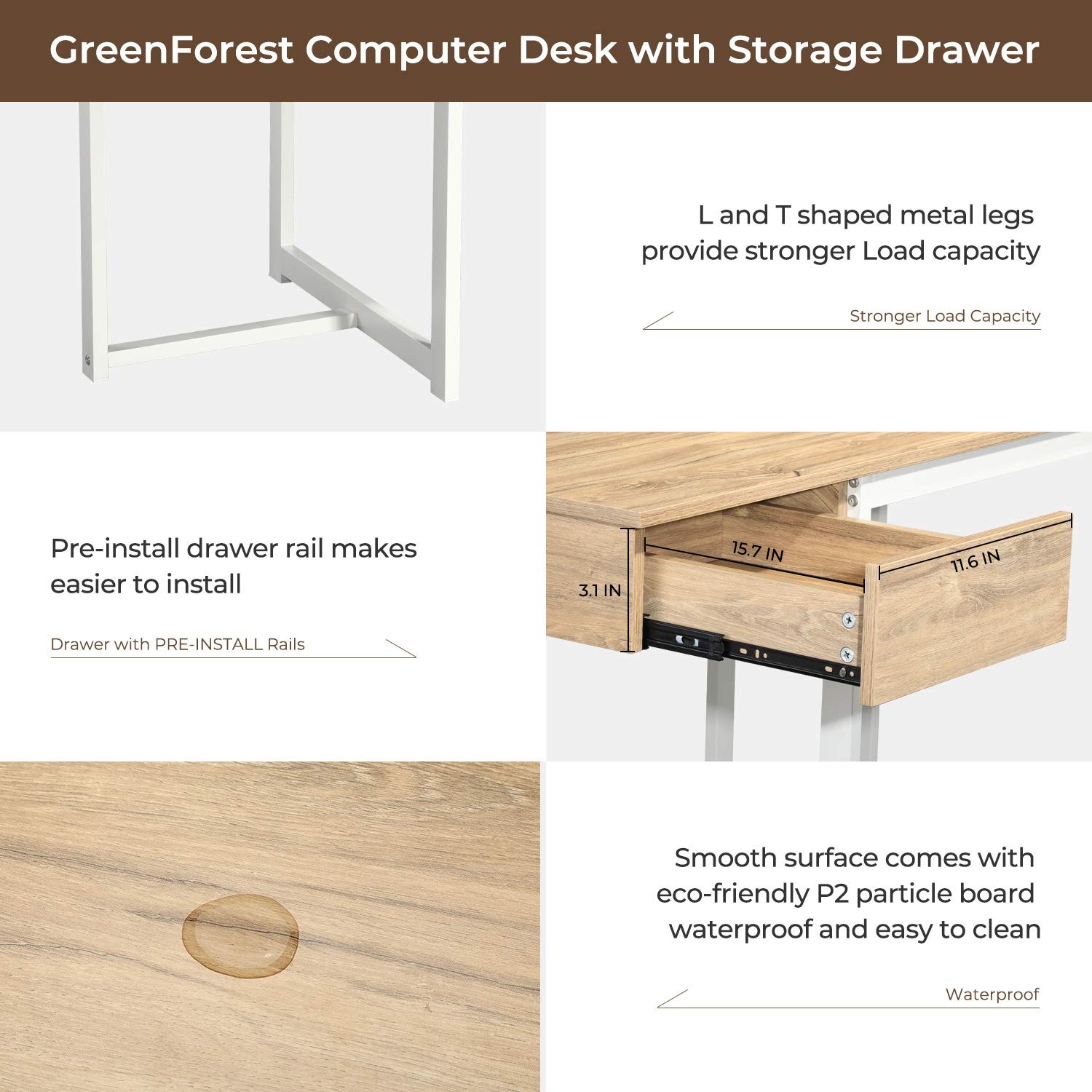 GreenForest Computer Desk with Storage Drawer 47 inch Office Writing Desk for Home, Modern Simple Study Desk PC Laptop Workstation, Oak