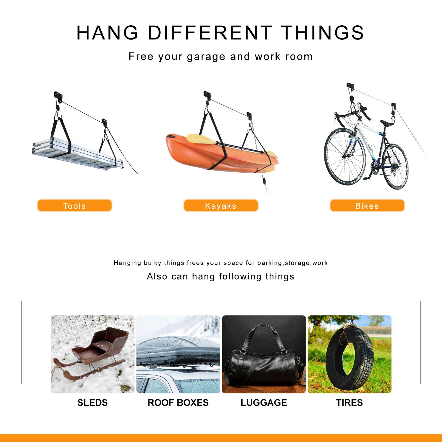 HUIMENG 2 Pack Kayak Hoist Bike Ceiling Lift Hoist Hanging 2 Pulley System for Bicycle, Paddleboard, Canoe and Ladder Storage Tool, black