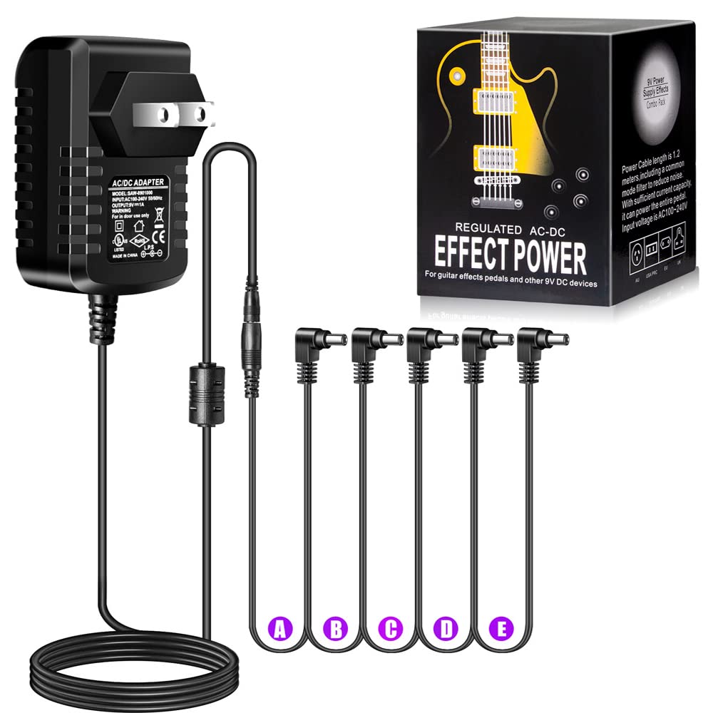 Guitar Pedal Power Supply Adapter 9V DC 1A 1000mA Tip Negative 5 Way Daisy Chain Cables for Guitar Effect Pedals