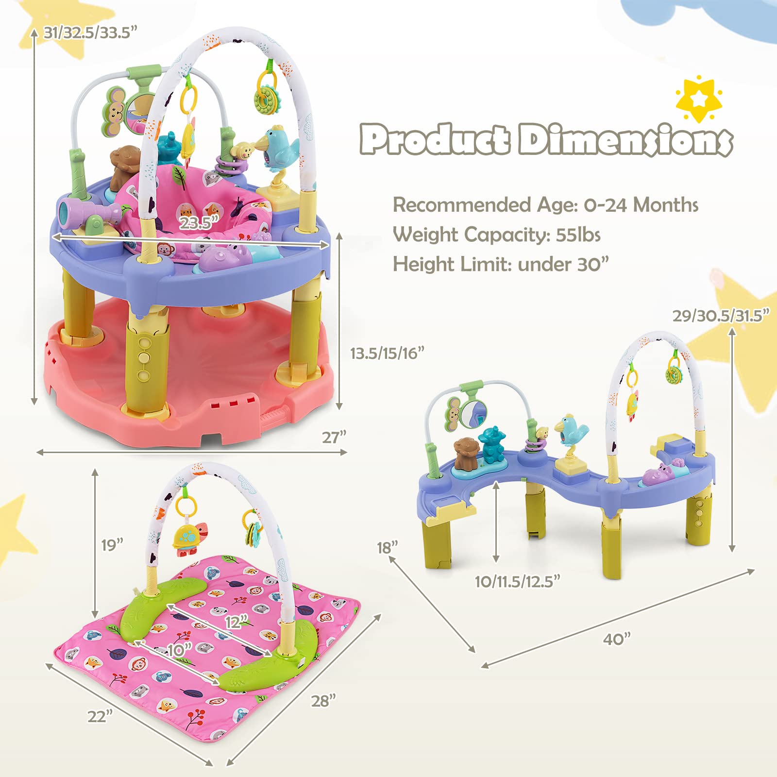 HONEY JOY Baby Bouncer Activity Center, 3-Stage Bouncing Activity Saucer & Playtime Mat & Activity Table, Toy-Bar, 3 Adjustable Heights, Foldable Exersaucer for Infants & Toddlers(Pink)