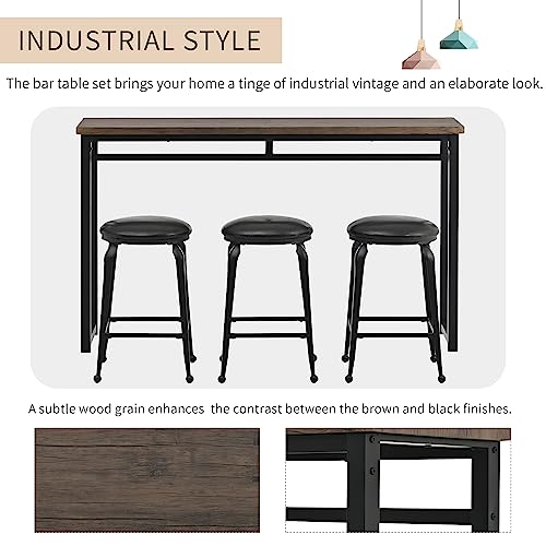 Goozio Chairs 4-Piece Industrial Counter Height Dining Set, 60'' Extra Long Kitchen Pub Table with 3 Bar Stools for Room Bistro,Brown+Black, OneSize