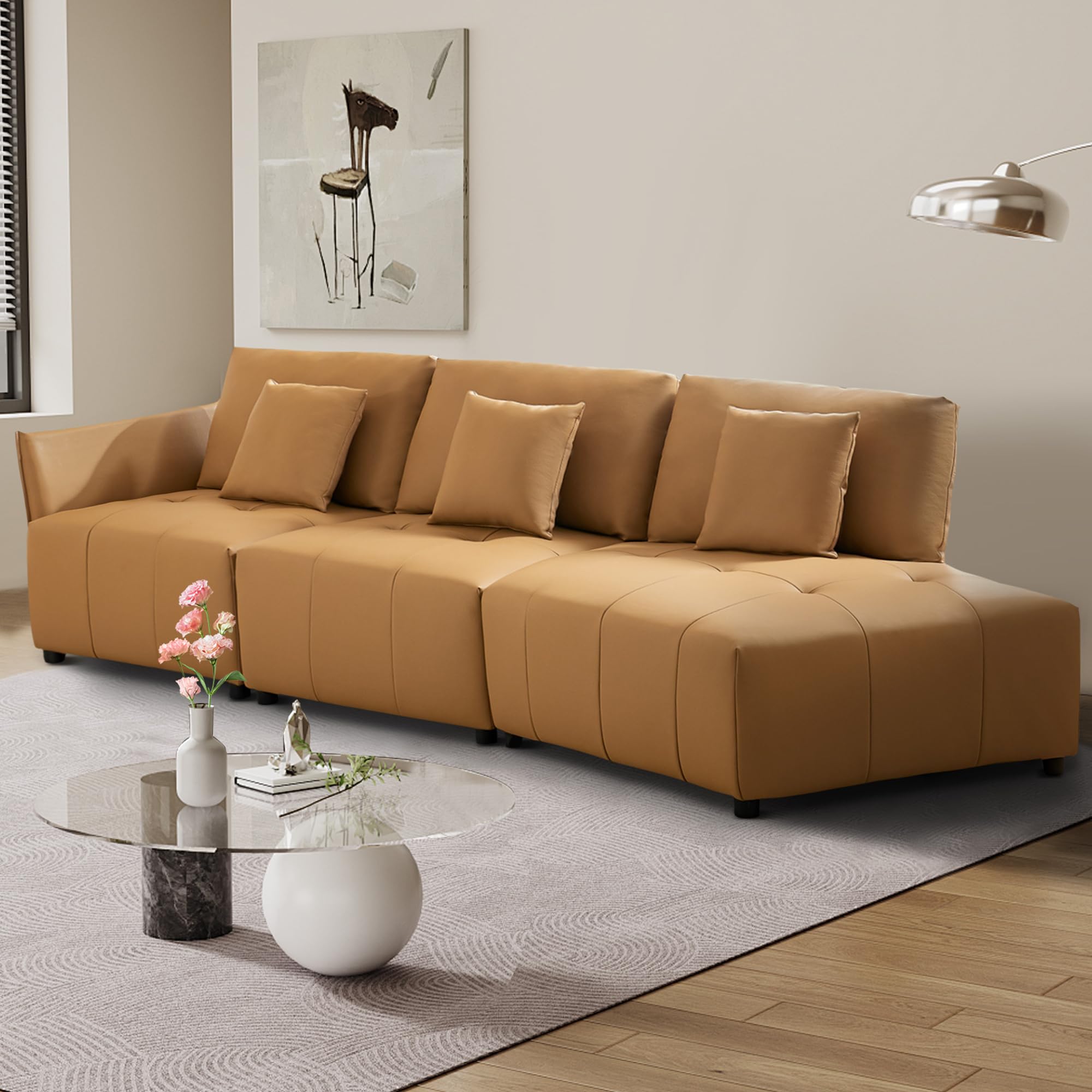 VnndeNest 120'' Sectional Sofa Couch, Genuine Leather Modular Sofa with Pillows, Ergonomic Modern Curved Couch, L-Shaped Couch with Chaise Lounge, 4-Seater Sofa Couch for Living Room, Apartment, Brown