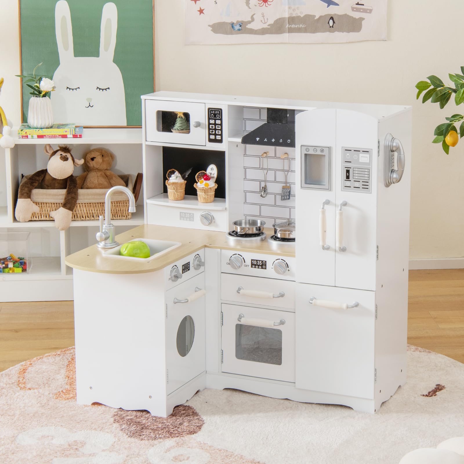 HONEY JOY Corner Kids Kitchen Playset, Wooden Little Chef Pretend Play Kitchen w/Sounds, Cooking Utensils, Water Dispenser, Refrigerator, Range Hood, Pretend Play Toy Kitchen Set for Toddlers