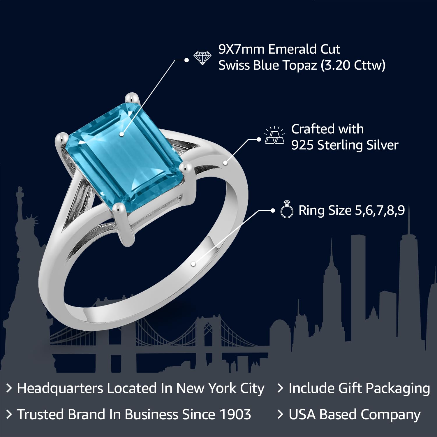 Gem Stone King 925 Sterling Silver Swiss Blue Topaz Solitaire Engagement Ring For Women (3.20 Cttw, Emerald Cut 9X7MM, Gemstone November Birthstone, Available in Size 5,6,7,8,9)