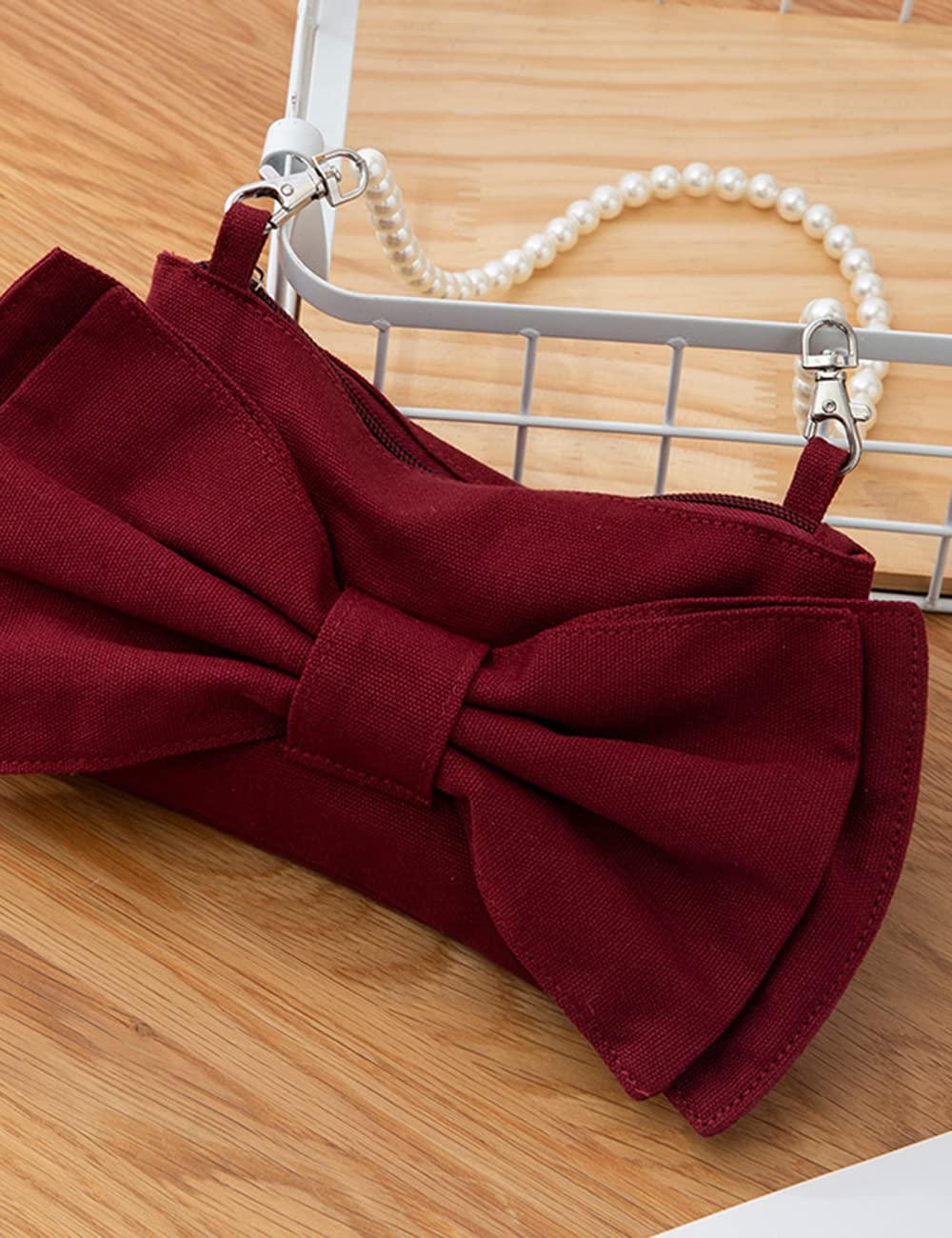JENLING Red Bow Mini Shoulder Purse Clutch Bag for Women with Pearl Chain (Burgundy)