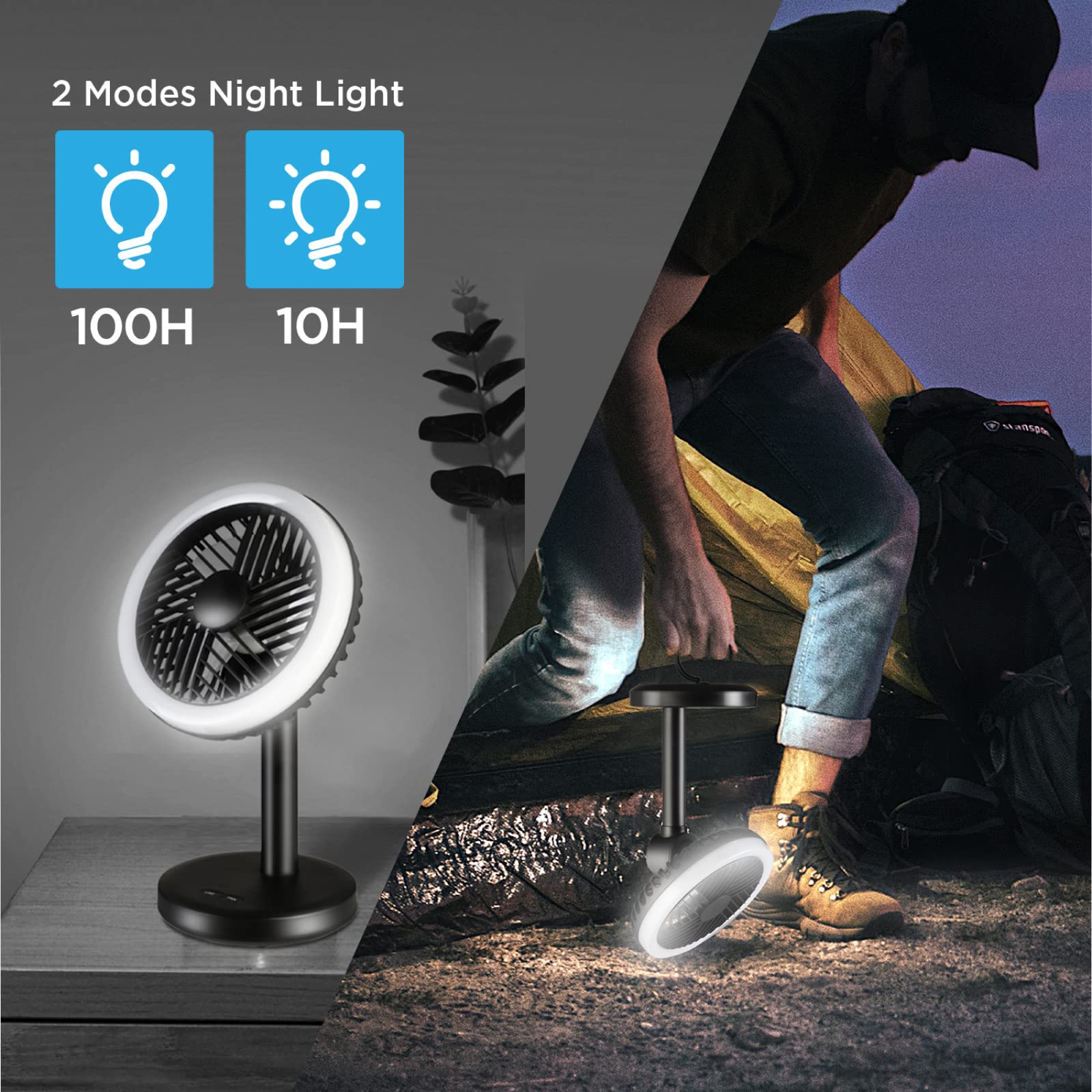 GOODAT 10.5 Inch USB Desk Fan with Ring LED Lantern, 90° Adjustment for Better Cooling, Ultra-quiet, 3 Speeds Portable Mini Powerful Desktop Table Fan, Small Personal Cooling Fan for Home Office Black