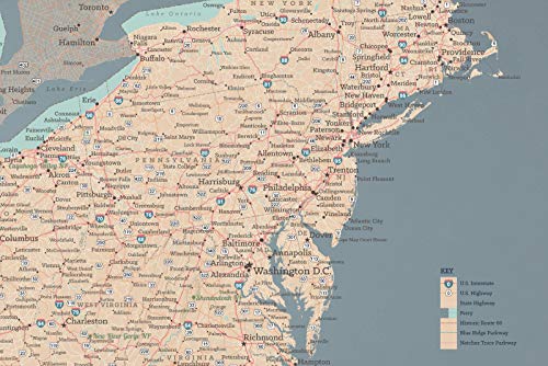 USA Road Trip & Travel Highway Tracing Map 24x36 Poster (Tan & Slate Blue)