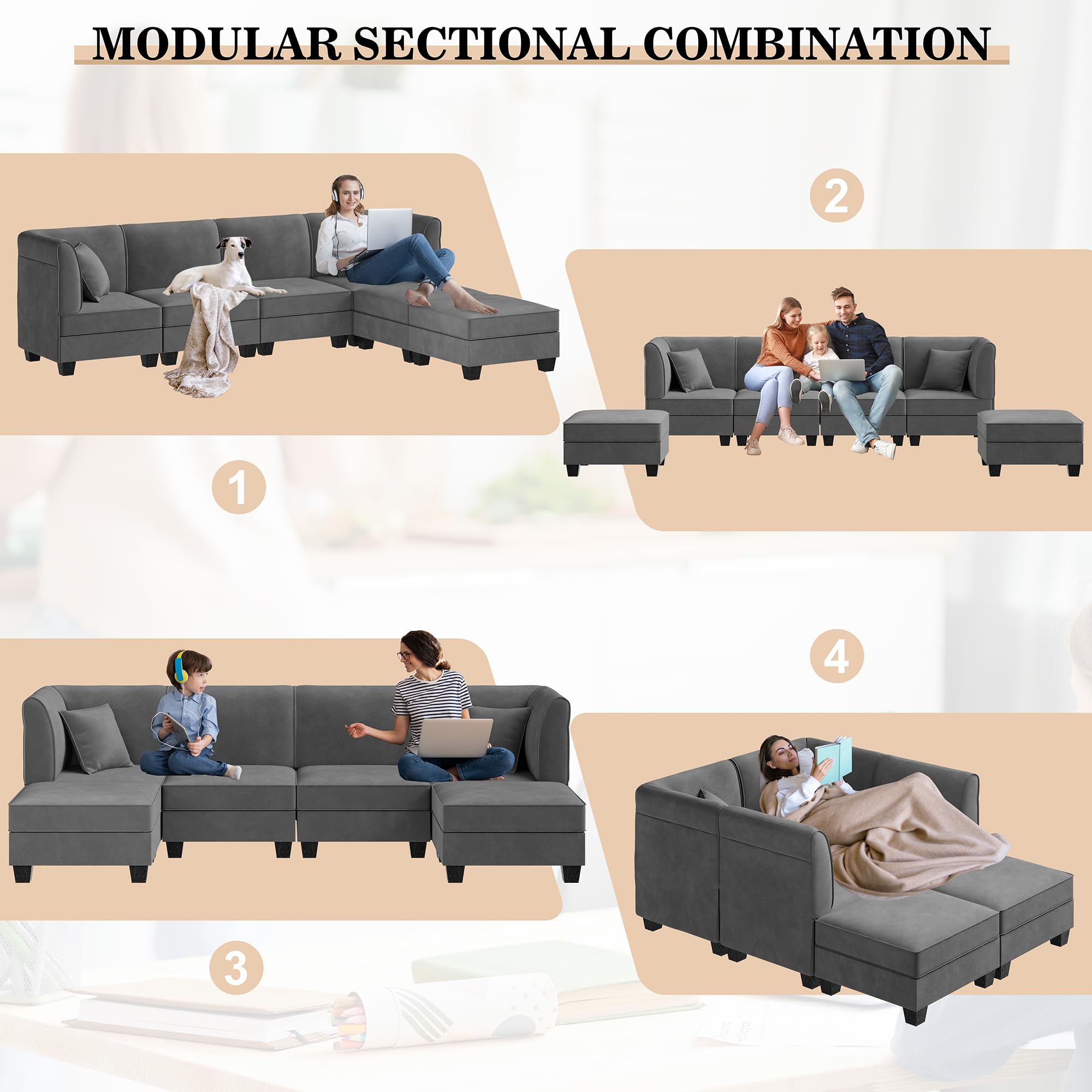 Vongrasig 6 Pieces Sectional Couch Modular Sofa with Reversible Chaise 116" Velvet U-Shaped Couch Sofa 6-seat Modular Large Sectional Couch with Ottoman for Living Room, Upholstered Cushion (Grey)