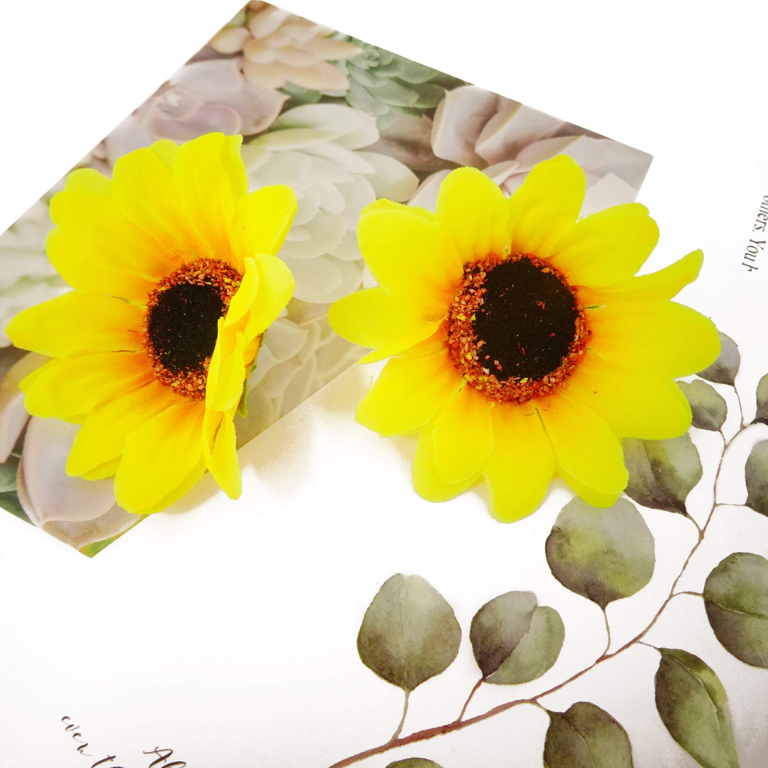 HONBAY 50PCS 7cm/2.75inch Artificial Silk Yellow Sunflower Heads Fabric Floral for Home, Wedding, Garden, Craft Projects