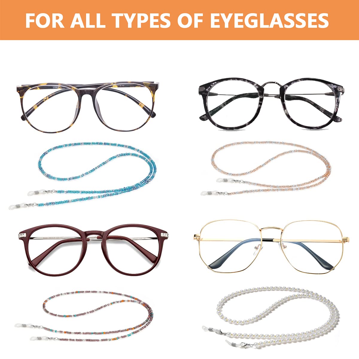 HALUNHL 6PCS Eyeglasses Chains For Women,Womens Beads Eyeglass Necklace，Eyeglass Chains，Pearl Eyeglass Chains