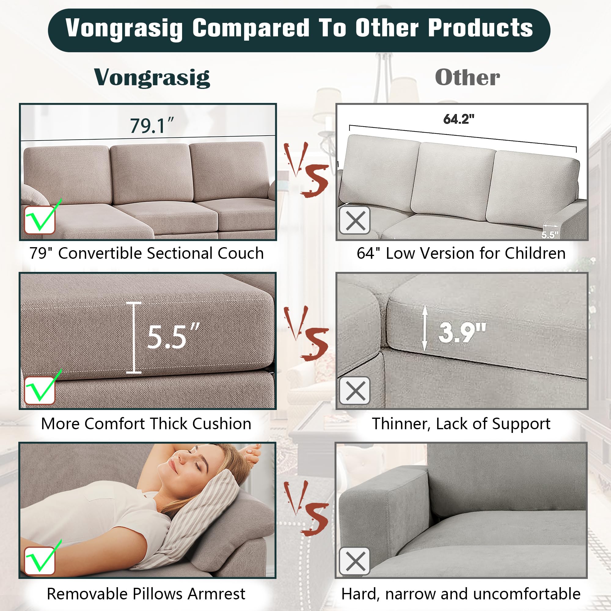 Vongrasig 79" Convertible Sectional Sofa Couch, 3 Seat L Shaped Sofa with Removable Pillows Linen Fabric Small Couch Mid Century for Living Room, Apartment and Office, Khaki