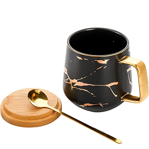 Peohud 2 Pack Porcelain Coffee Mugs Set, 14 OZ Marble Coffee Cups with Lid and Spoon, Large Tea Mugs for Latte, Cappuccino, Americano, Coffee Mugs for Couple, Novelty Engagement Gift