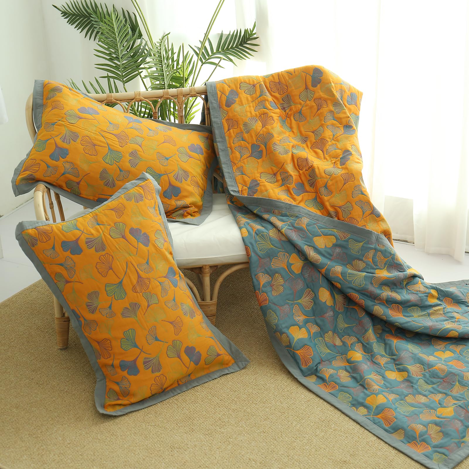 GinkgoLeaf Pattern Cotton Reversible Quilt Sets 3 Piece,Breathable Reversible Quilt Ginkgo Leaves Embroidered,king sizeginkgo quilt ,Lightweight and Breathable Ginkgo Leaf Pattern Rustic Comforter