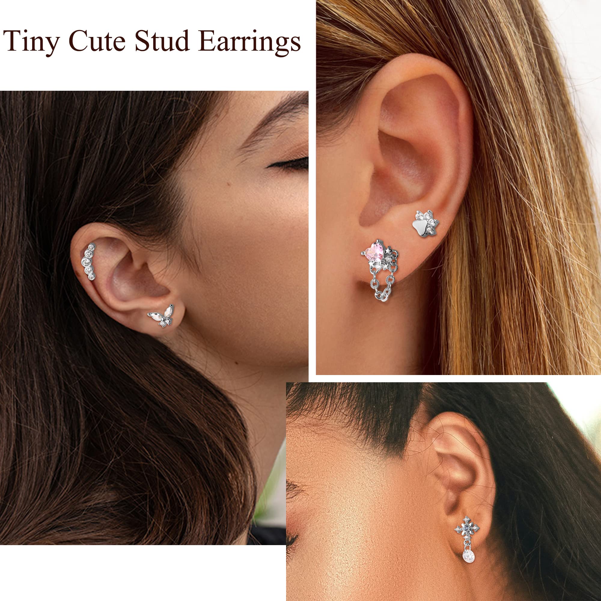 Jstyle 9 Pcs 16G Cartilage Earrings for Women 316L Stainless Steel CZ Dangle Conch Helix Tragus Flat Back Earrings Screw Back Ear Piercing Jewelry Studs