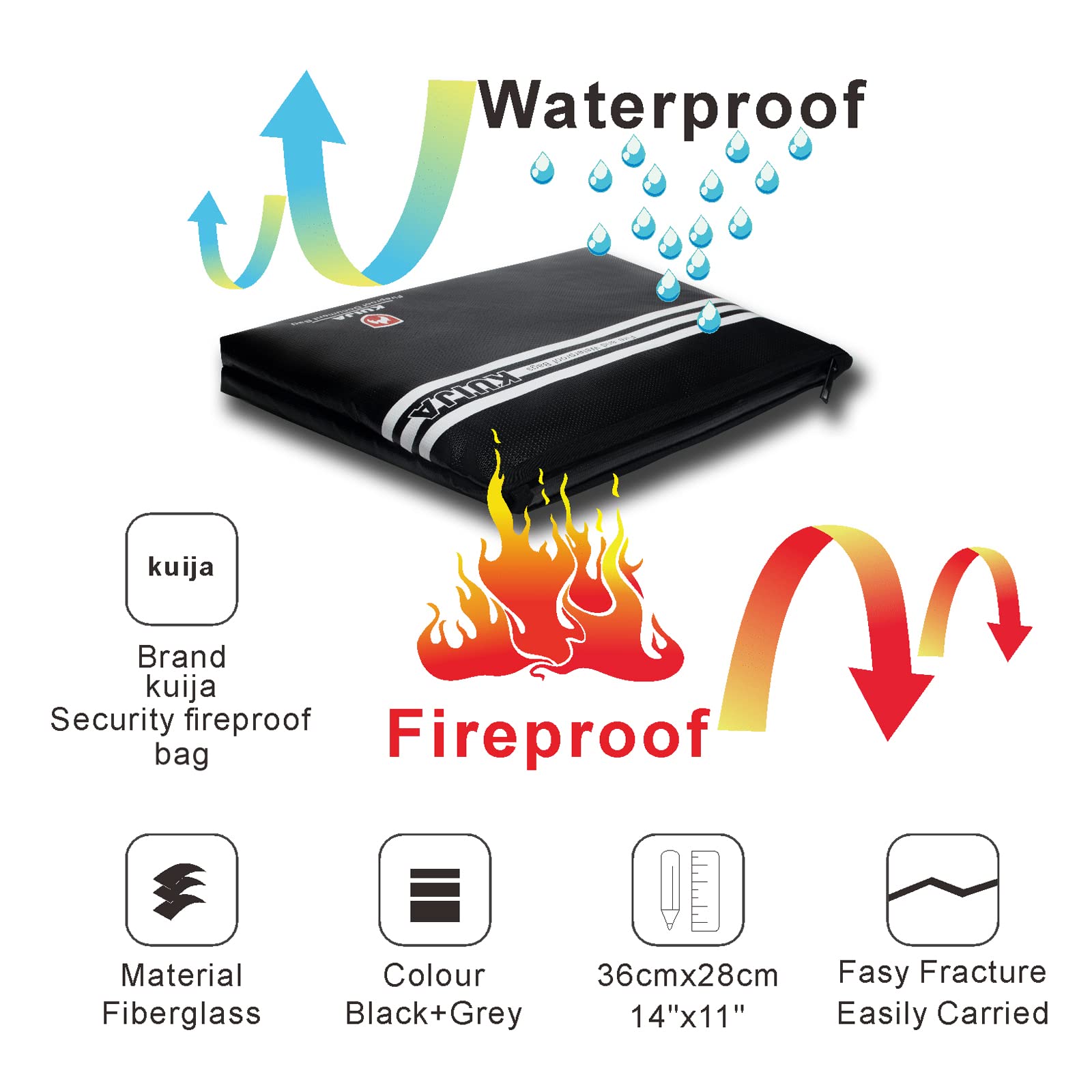 KUIJA Fireproof Document Bag 2000°F, 13.4"x9.4" Fireproof Waterproof Document Bag, Fireproof Money Bag,Fireproof Secure Storage Pouch with Zip, Fireproof Bags for Cash and documents