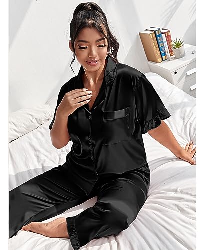 SWOMOG Womens Satin Plus Size Pajamas Silk Short Sleeve Pjs Sets Button Up Pajama with Ruffle Soft Loungewear Wedding PJs Black