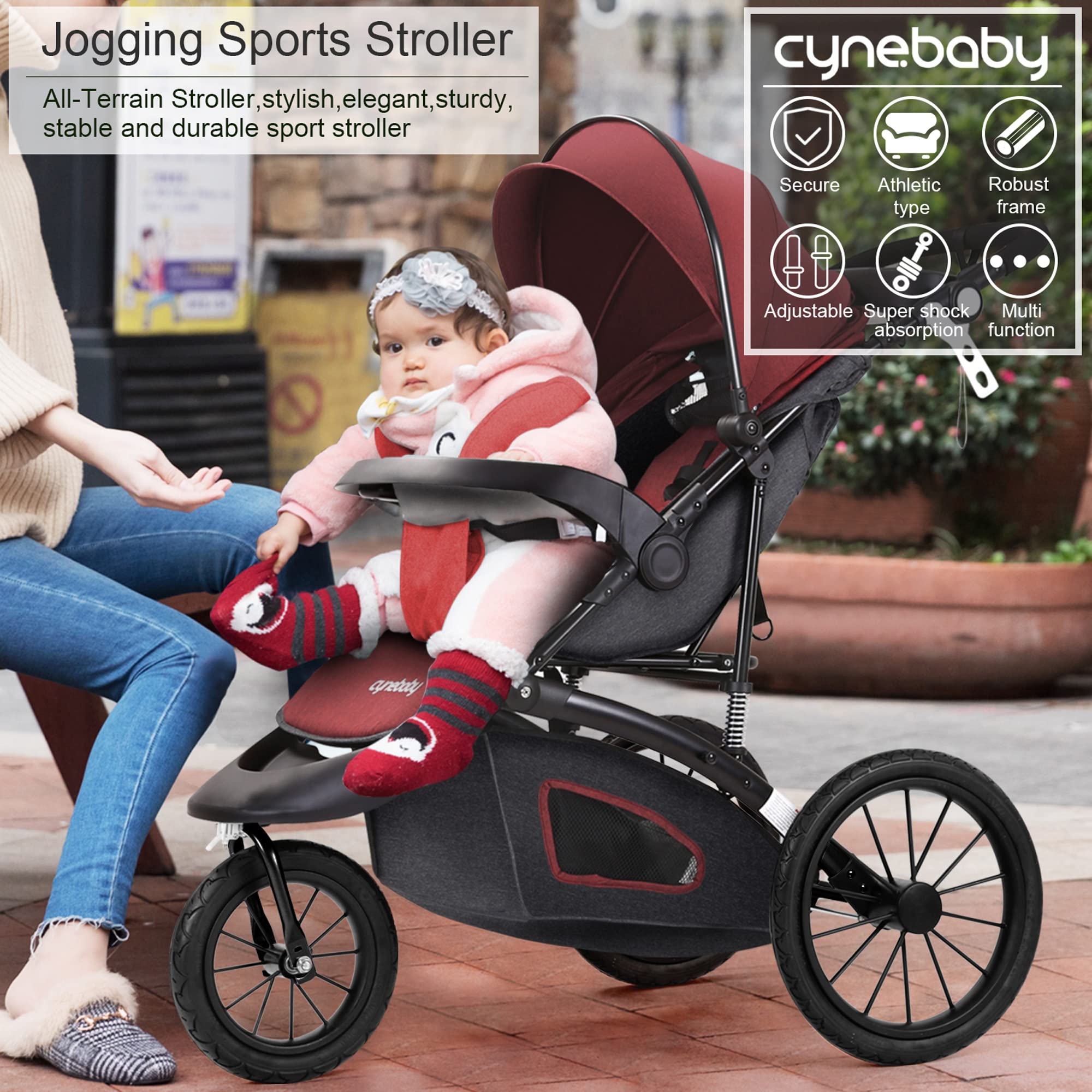 Jogging Stroller for Baby - Lightweight Jogger Strollers, 3 Wheels Compact Light Weight Stroller for Babies and Toddlers Infant Red