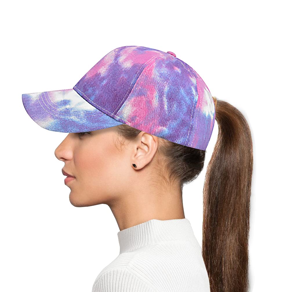 High Ponytail Baseball Caps for Womens Tie Dye Criss Cross Ponytail Hat Distressed Adjustable Trucker Hat Ball Cap