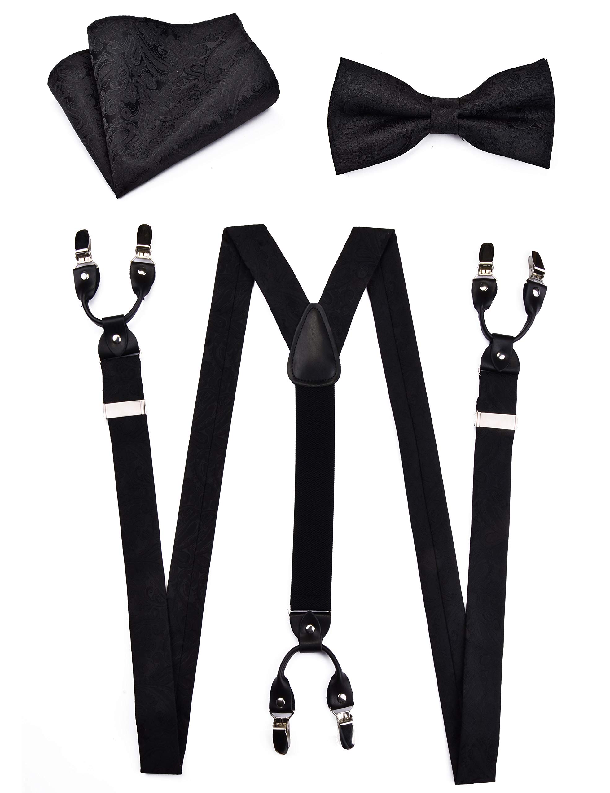 GUSLESON Suspender and Bow Tie Pocket Square Set for Men Adjustable Paisley Pre-tied Burgundy Bow Tie (0101-18)