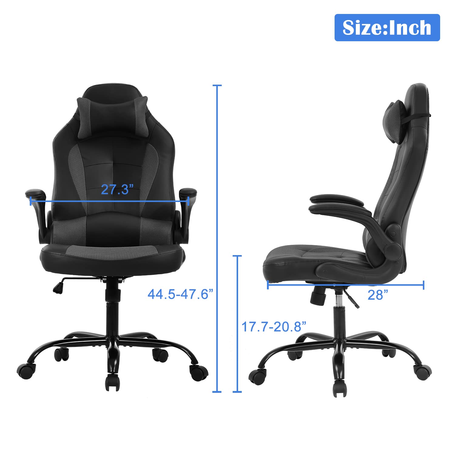 Gaming Chair Computer Chair Ergonomic Office Chair with Lumbar Support& Headrest& Armrest, Adjustable PU Leather High Back Desk Chair Racing Executive Rolling Swivel Task Chairs, Grey