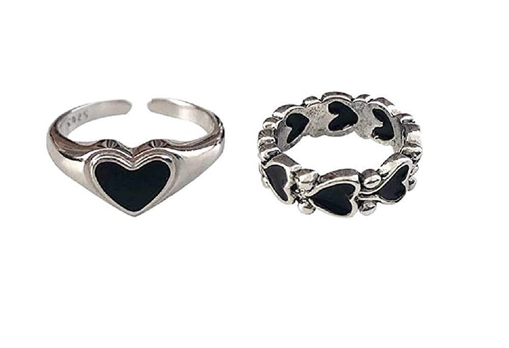 Gothic Vintage Ring Set Black Heart Stackable Statement Retro Punk Open Knuckle Finger Ring for Women Girls -Style 1