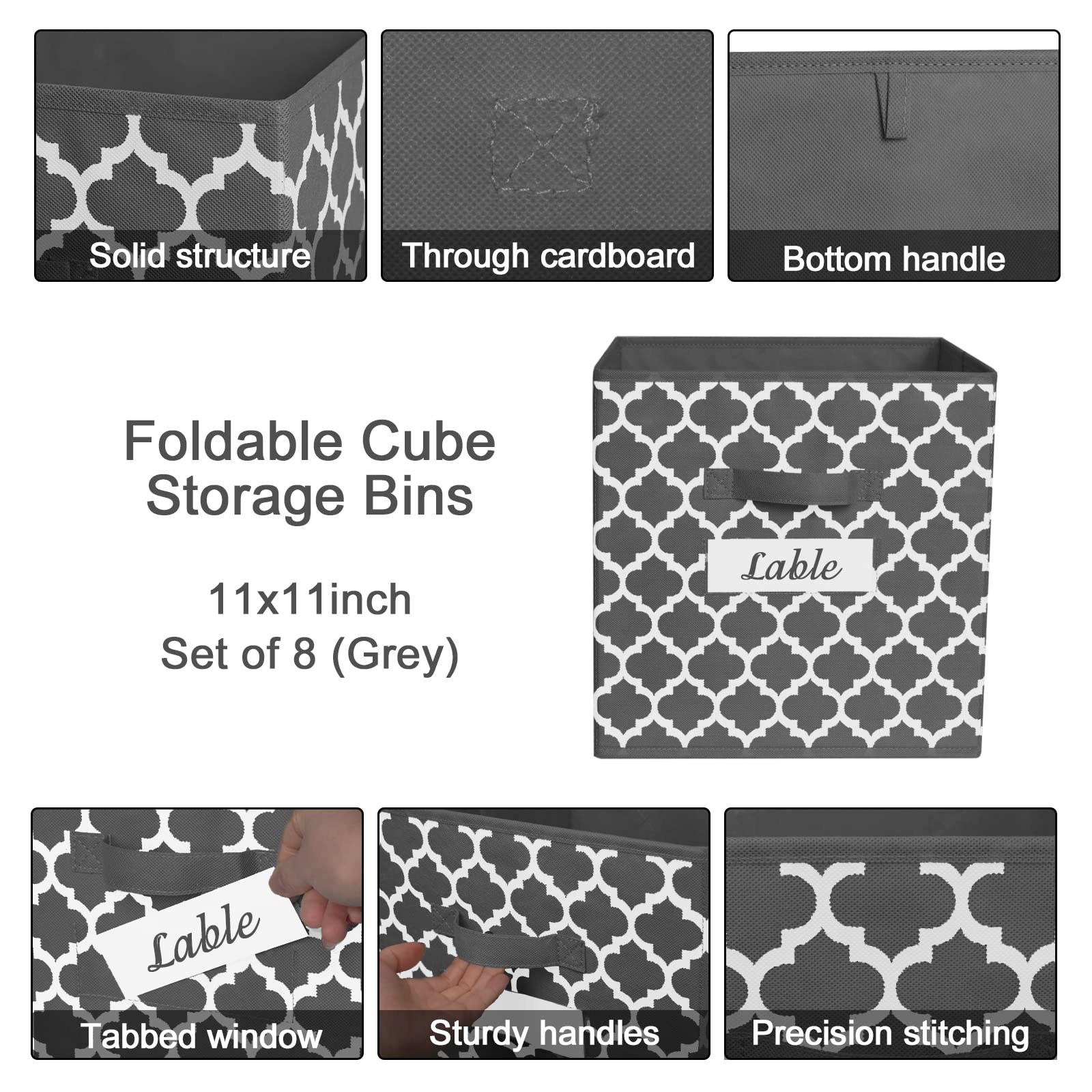 homyfort Foldable Storage Cube Bins 11x11 inches, Fabric Storage Bin Baskets Box Organizer with Labels and Dual Plastic Handles for Shelf Closet, Nursery, Set of 8 Grey
