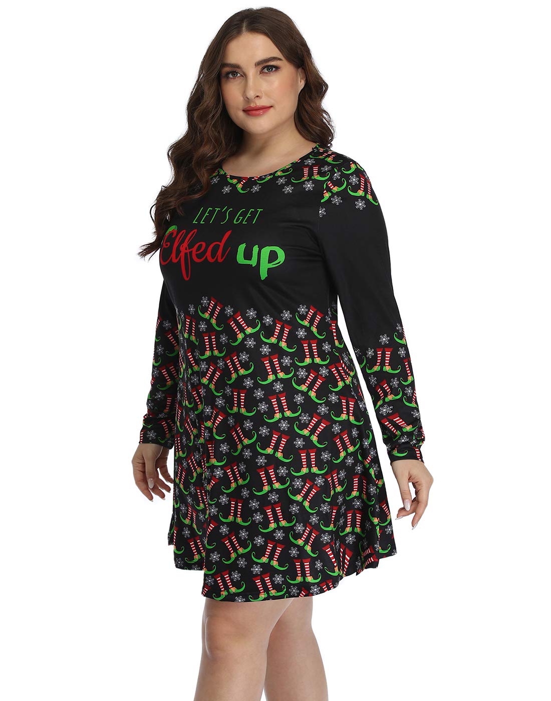 HDE Womens Plus Size Party Dress Ugly Christmas Long Sleeve Skater Dress Elfed Up - 2X