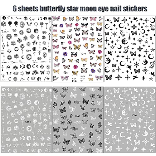 Starry Sky Series Nail Stickers for Nail Art - 3D Self Adhesive Nail Decals Black White Butterfly Star Moon Nail Design Stickers Constellation Meteor Decals DIY Nail Decorations for Women, 6Sheets