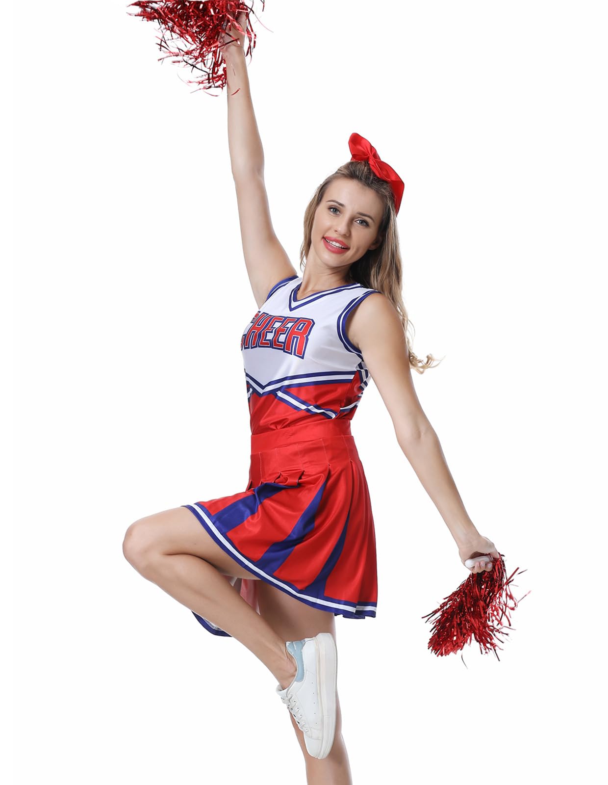 GRAJTCIN Women's Cheerleader Costume Halloween 3-Pieces High School Girl Cheerleading Outfit with Pom Pom(Medium, Red)