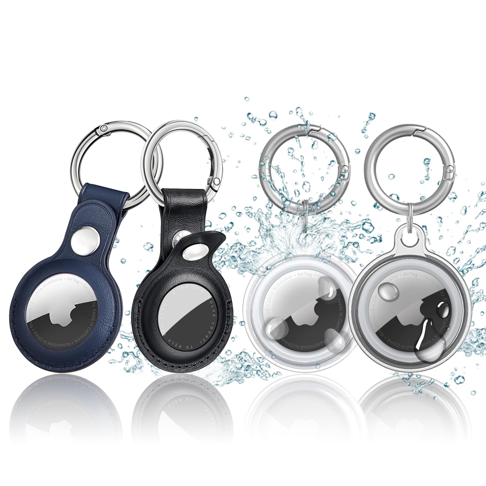 Leather Airtag Keychain & IPX8 Waterproof Airtag Holder, Soft Full-Body Shockproof AirTag Case for Protective Tracker(4 Pack)