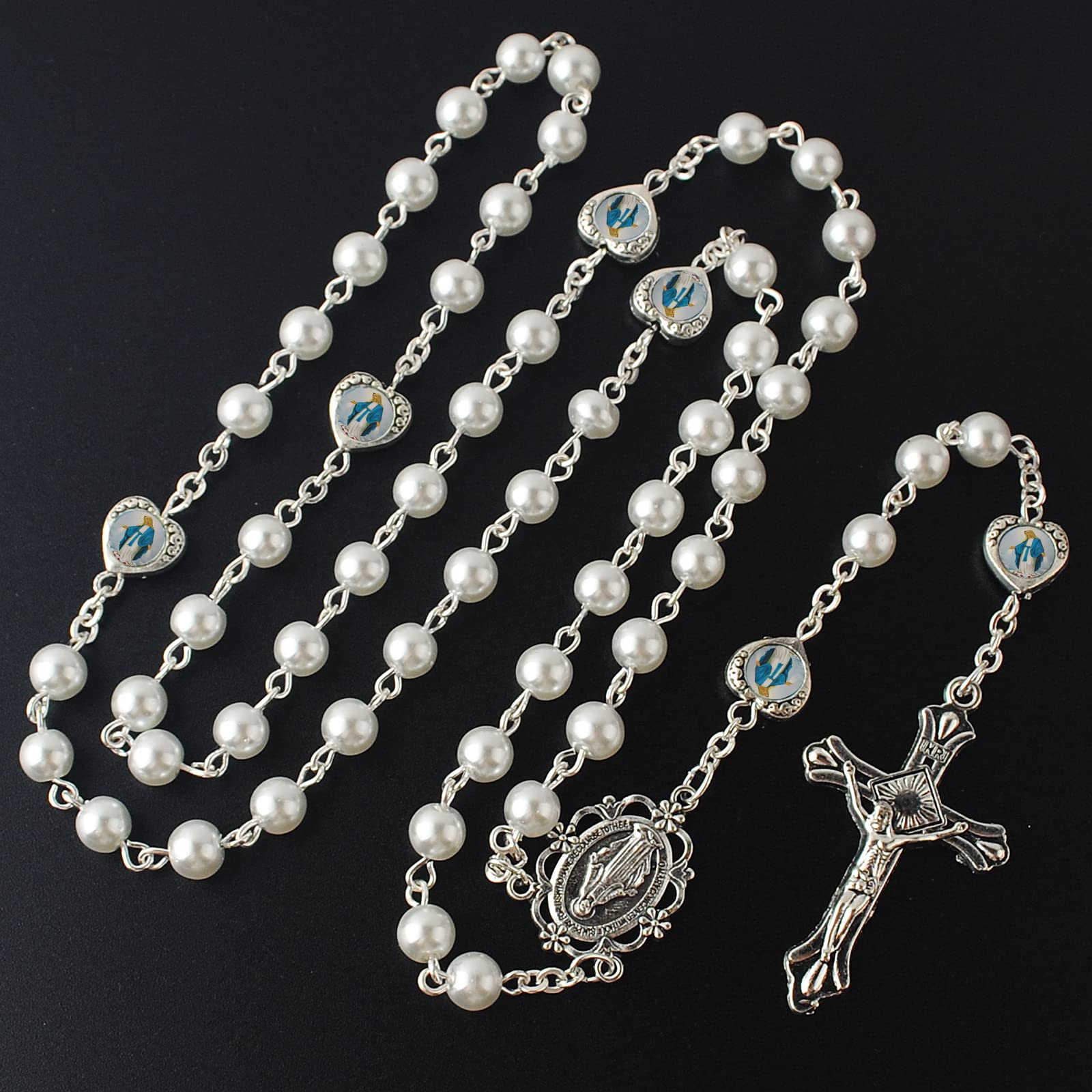 HanlinCC Glass Pearl Beads with Miraculous Epoxy Heart Metal Beads Rosary Necklace pack in Velvet Gift Bag with Rosary Pray Card (White)
