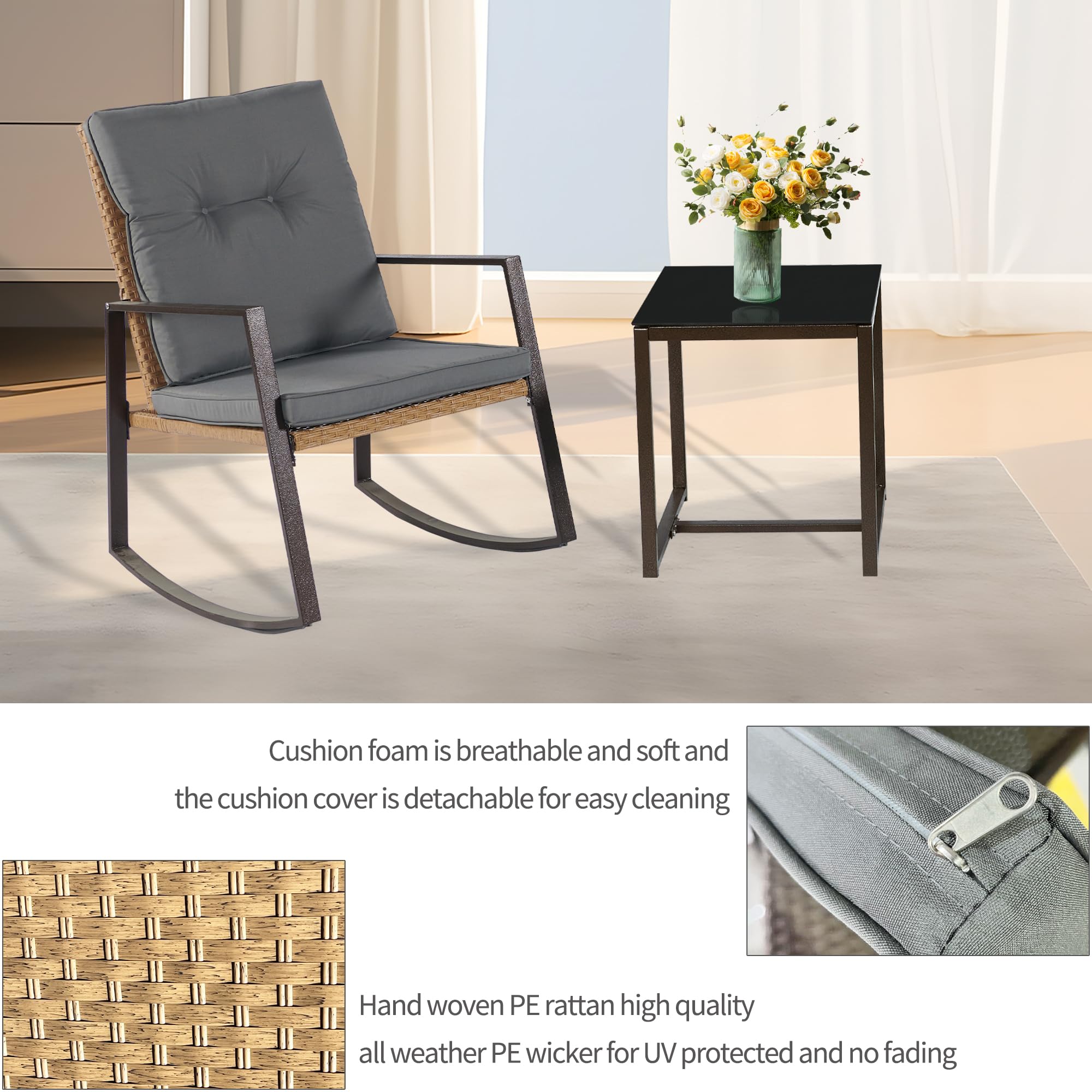VSMKSJ 3 Pieces Patio Rocking Chairs Set of 2, Outdoor Wicker Patio Sets Conversation Coffee Table for Front Porch,Balcony,Garden,Poolside,Washable Cushion (Grey)
