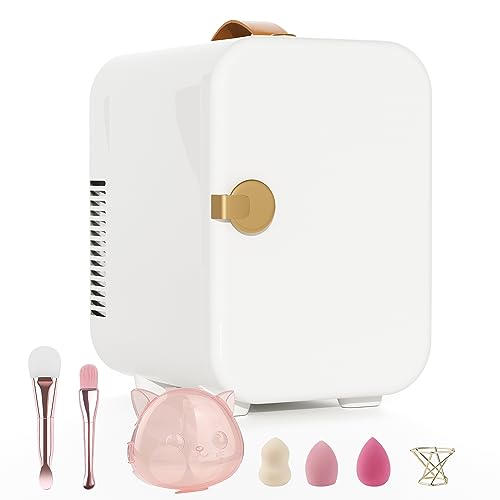WOISSKEY Mini Fridge For Bedroom, 8 Liter AC/DC Portable Compact Refrigerators Thermoelectric Cooler and Warmer For Skincare, Beverage, Food, Cosmetics, Home, Office and Car, Beige