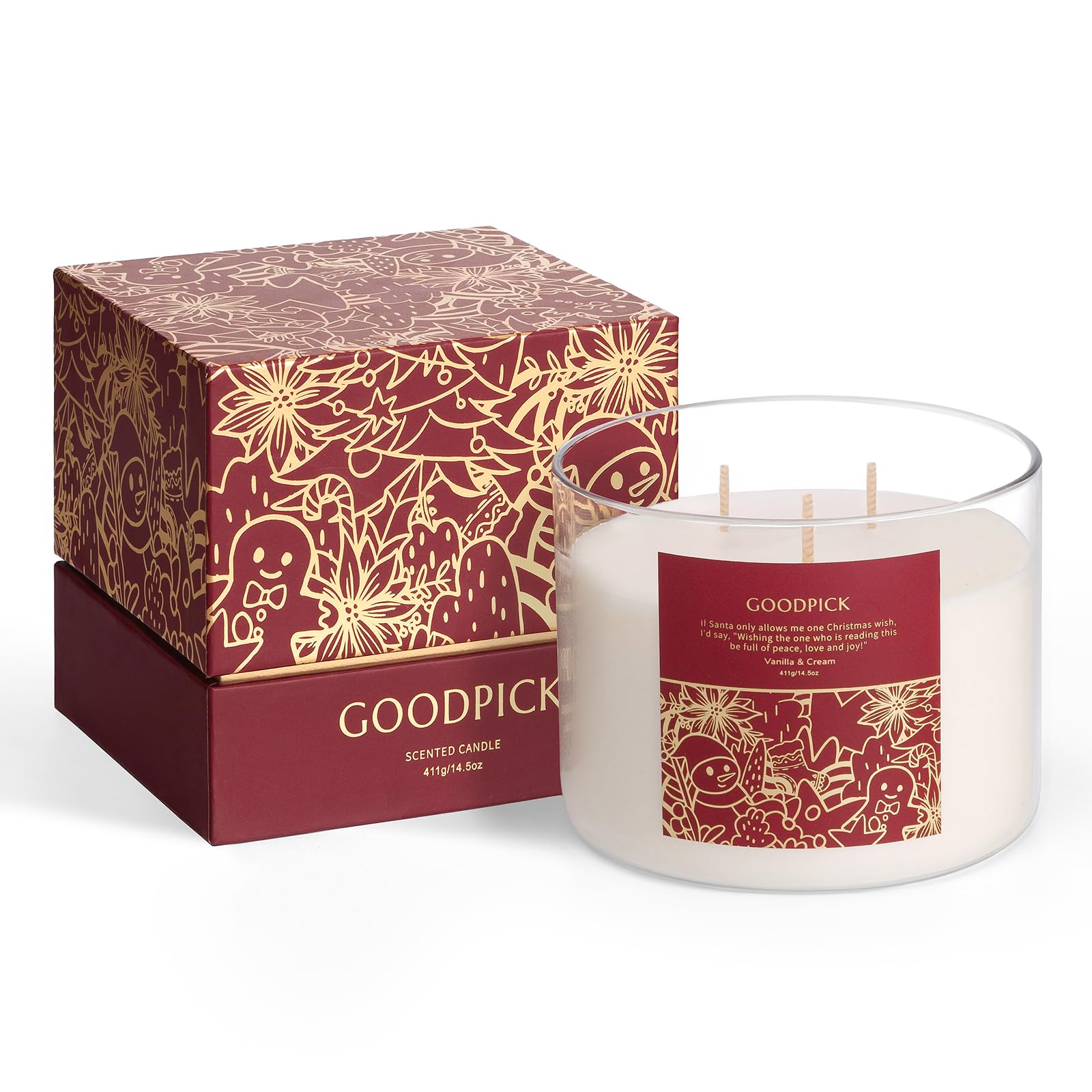 Goodpick Vanilla Scented Candles, Strong Scented Soy Candles Gifts for Women, Large Scentsational Candles, 3 Wick Candles, 14.5 Oz, Includes Lid
