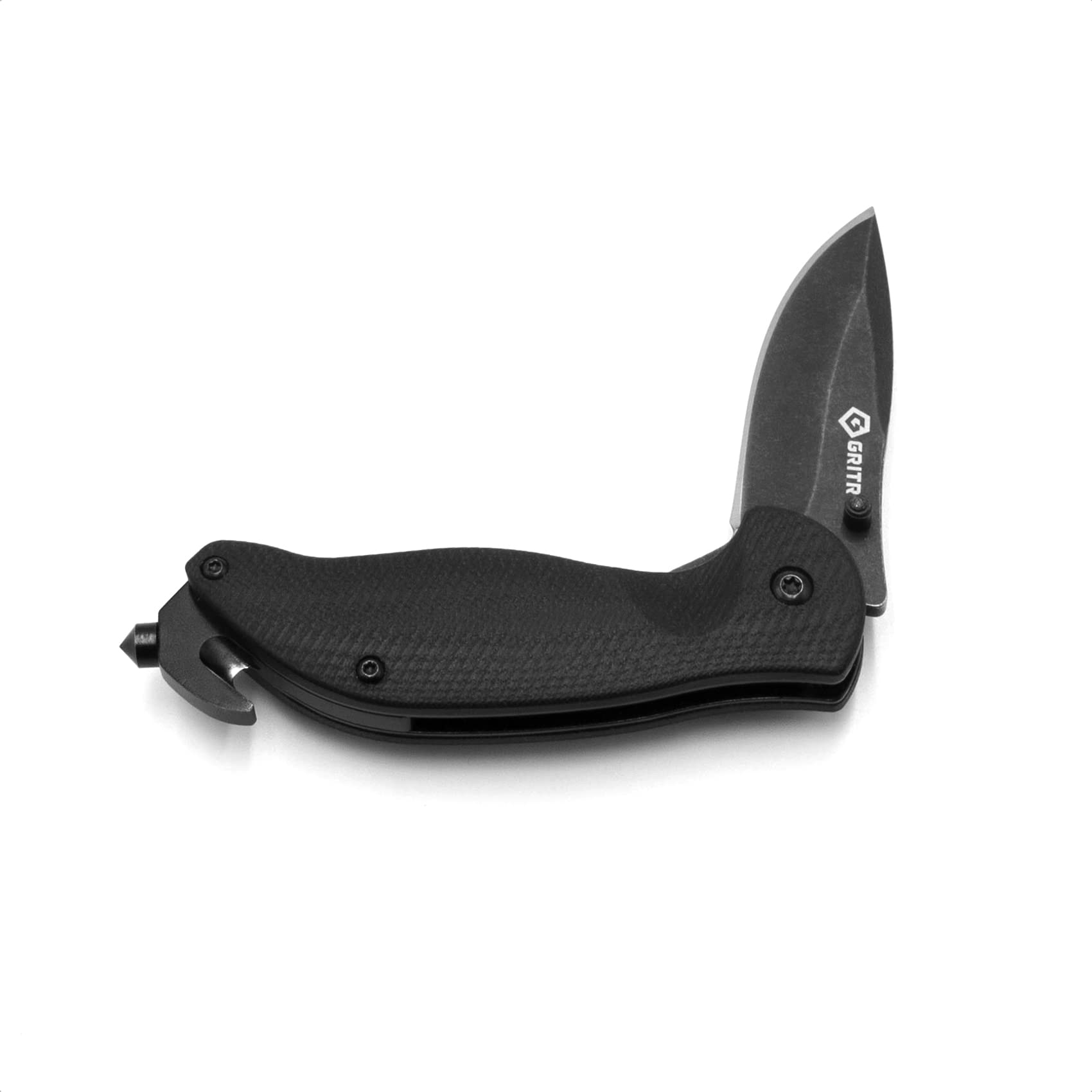 GRITR Quest EDC Rescue Folding Pocket Knife - Camping Survival Multi-Tool Knife with Stainless Steel Drop-Point Blade, Liner Lock, Glass Breaker, Seat Belt Cutter