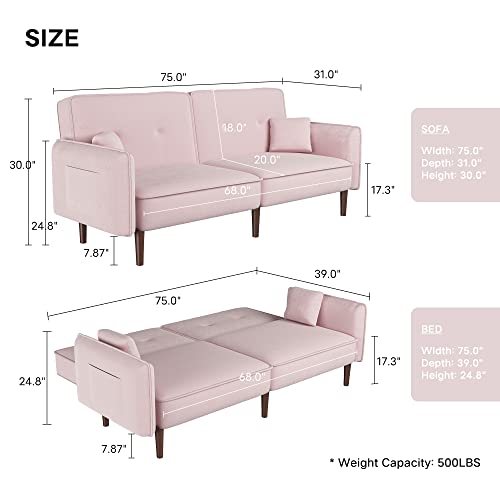 Sofa Bed, HABITTRIO 75" Modern Pink Fabric Upholstered 3-Seater Sleeper Couch with Adjustable Splict-Back Design, 2 Side Pockets, 2 Toss Pillows, Fit for Small Living Room, Apartment