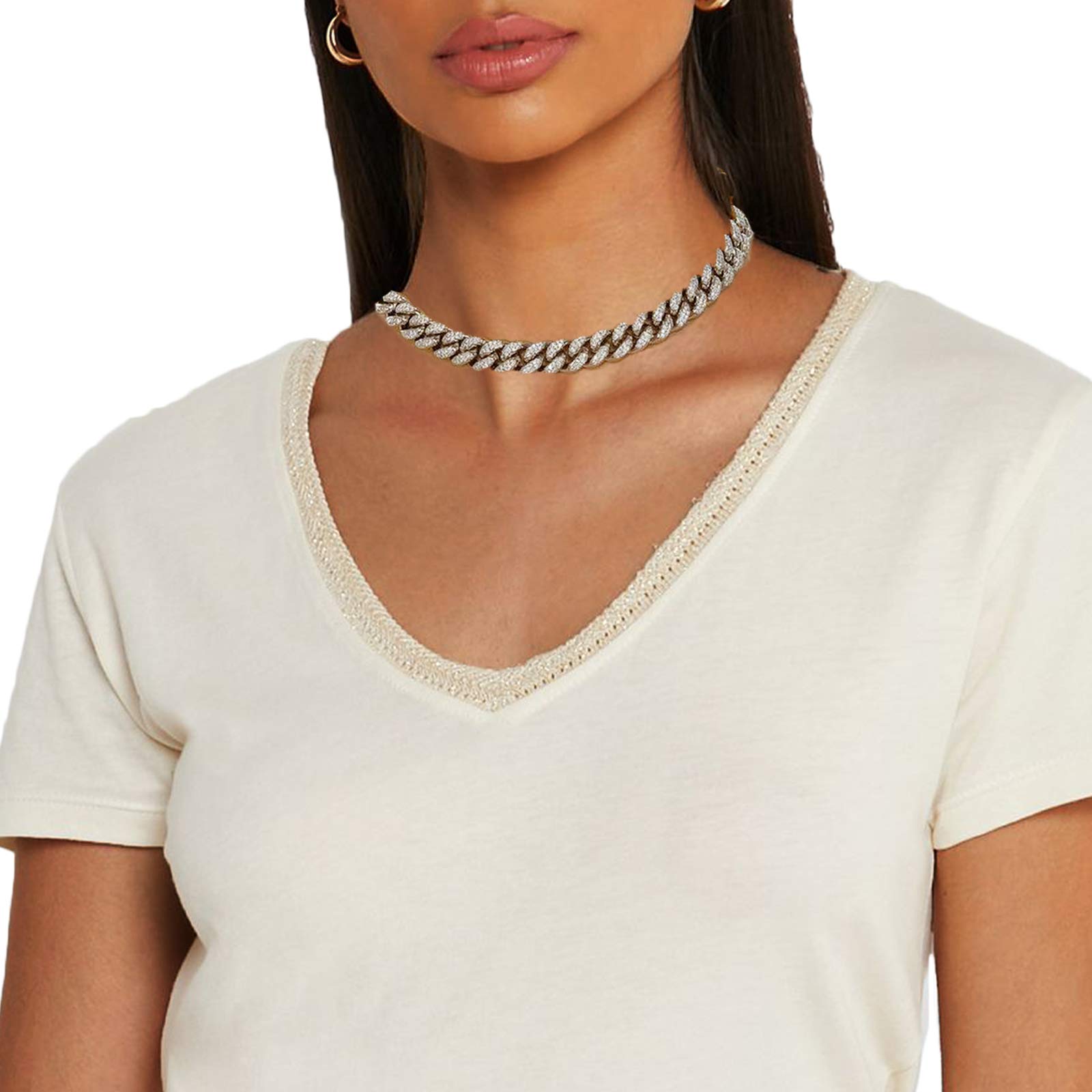 Halukakah Diamond Cuban Link Chain for Women 13.5MM Platinum White Gold Finish Choker Necklace 16",Full Cz Diamond Cut Prong Set,with Giftbox