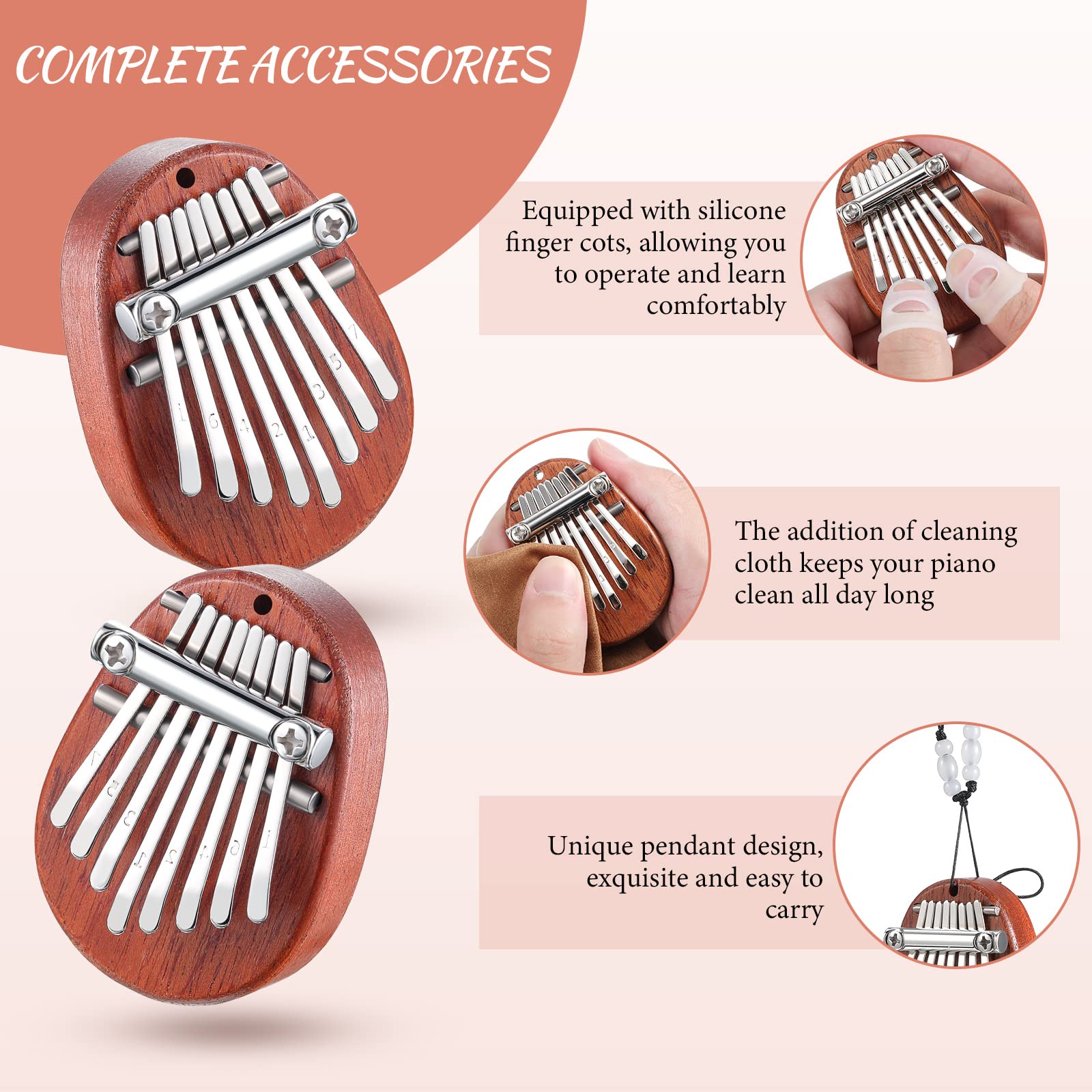 Konohan 24 Pcs 8 Keys Mini Kalimba Piano Set, Include 4 Mini Exquisite Finger Thumb Piano 4 Lanyard 4 Chains 8 Finger Protector 4 Cleaning Cloth for Kids Adults Beginners Gift (simple Style)
