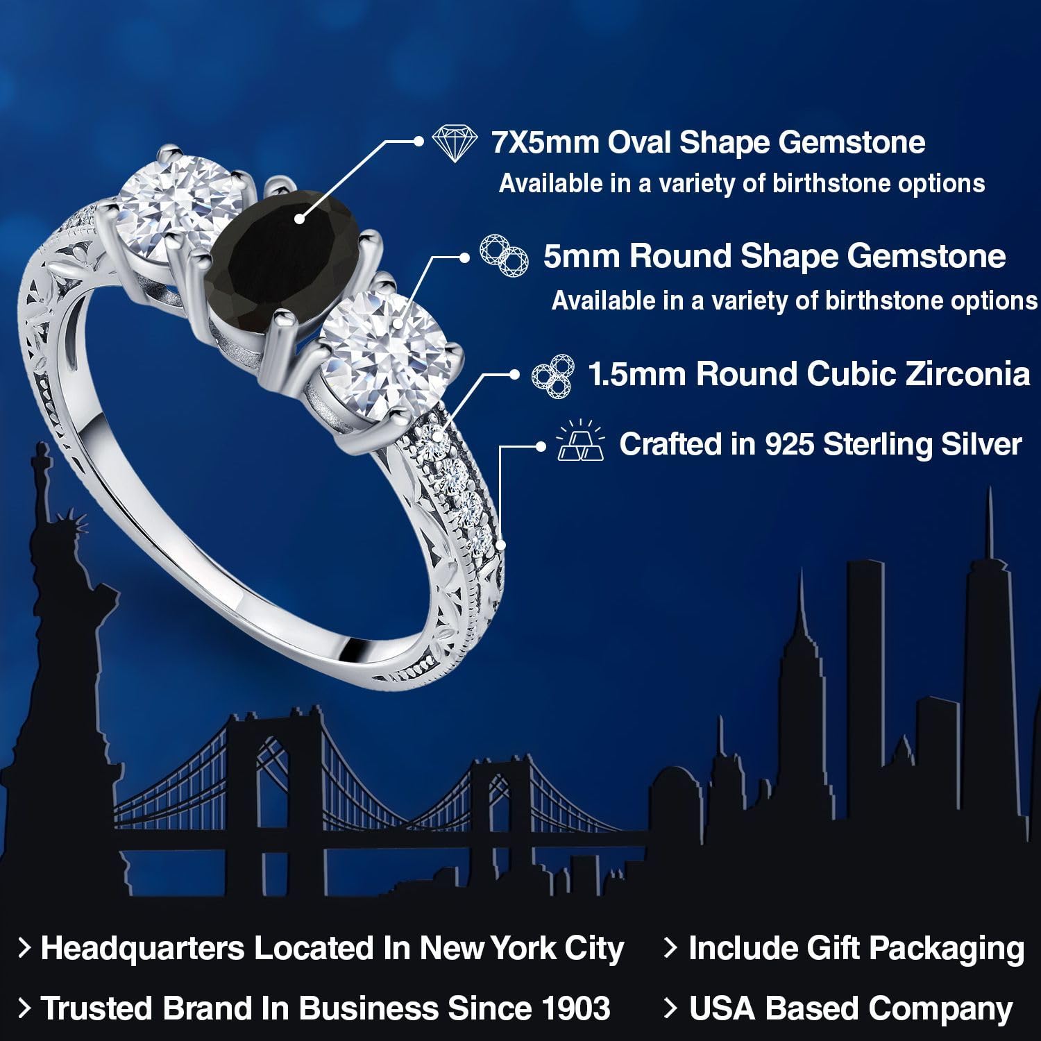 Gem Stone King 925 Sterling Silver Black Onyx Wedding Engagement Ring For Women (2.42 Cttw, Gemstone Birthstone, Available in size 5, 6, 7, 8, 9)