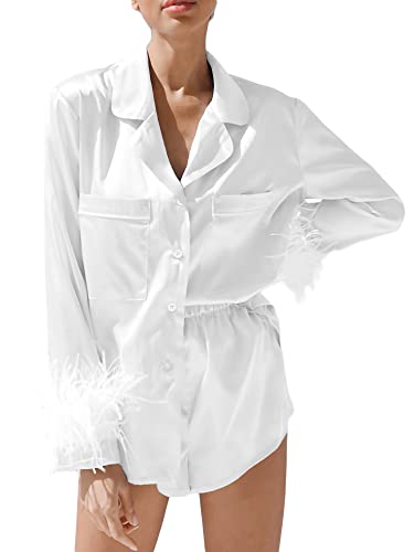 Women 's 2 PCS Feather Silk Pajamas Set Long Sleeve Buttons Down Shirt Top Short Pants Sleepwear PJs (White, Small)