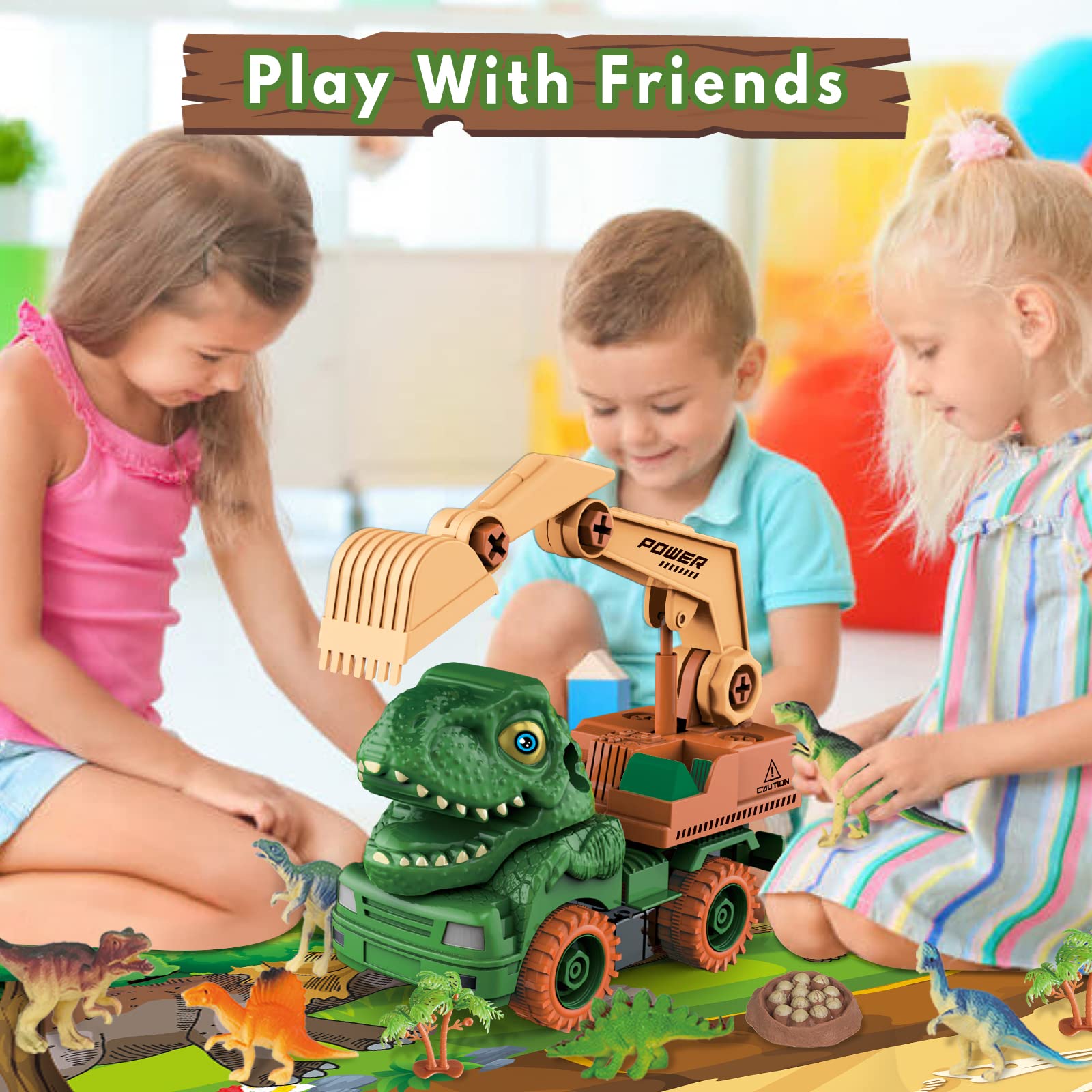 JUMEI Dinosaur Excavator Toy Playset,Friction Assemblely Excavator Toy with 6pcs Dinosaur,Screwdriver and Map,Construction Green