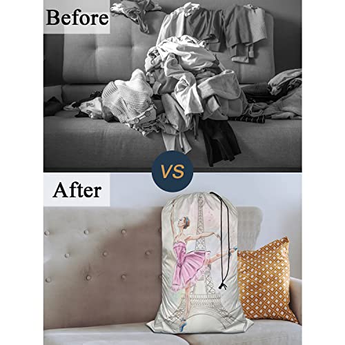 Swono Beautiful Ballerina Large Travel Laundry Bag Washable Wet Dry Bag Large Dirty Clothes Bag Dancer Posing Dancing on Eiffel Tower Bathing Suit Workout Bag for Gym Clothes Laundry Wet Clothes