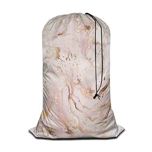 Swono Gold Rose Marble Extra Large Travel Laundry Bag, Dirty Clothes Shoulder Bag with Drawstring, Glitter Dust Painting Heavy Duty Travel Laundry Bag, Machine Wash, Abstract Marbling