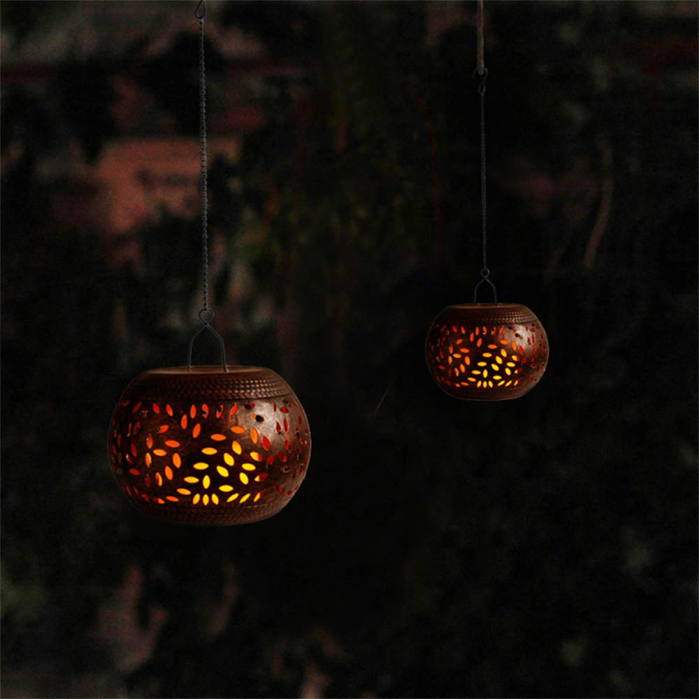 Hanging Lanterns Decorative Metal Candle Lanterns for Home Decoration Copper Indoor and Outdoor Lanterns with LED Flickering Candle Light and Timer 2 Pack
