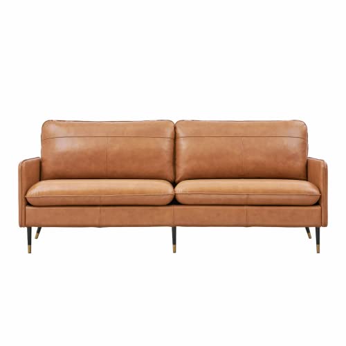 Z-hom 79" Genuine Leather Sofa, Top-Grain 3 Seater Leather Couch, Mid-Century Modern Upholstered Sofa for Living Room Bedroom Apartment Office, Cognac Tan