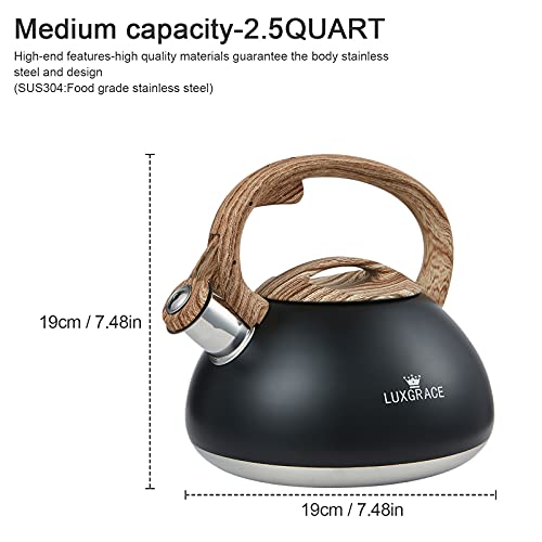 Whistling Tea Kettle Stainless Steel Teapot, Teakettle for Stovetop Induction Stove Top, Fast Boiling Heat Water Tea Pot 2.2 Quart(Black)