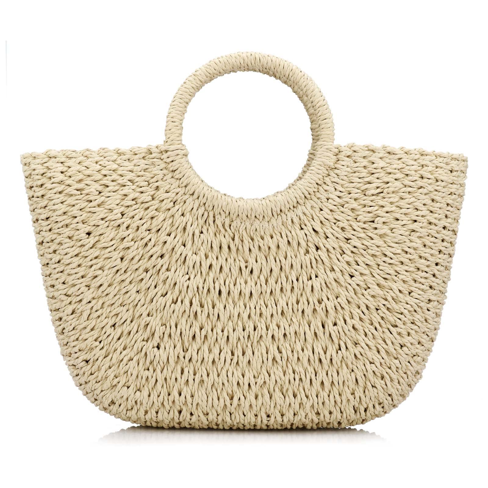 Hand-woven Straw Large Hobo Bag for Women Round Handle Ring Toto Retro Summer Beach Straw Bag (Beige)